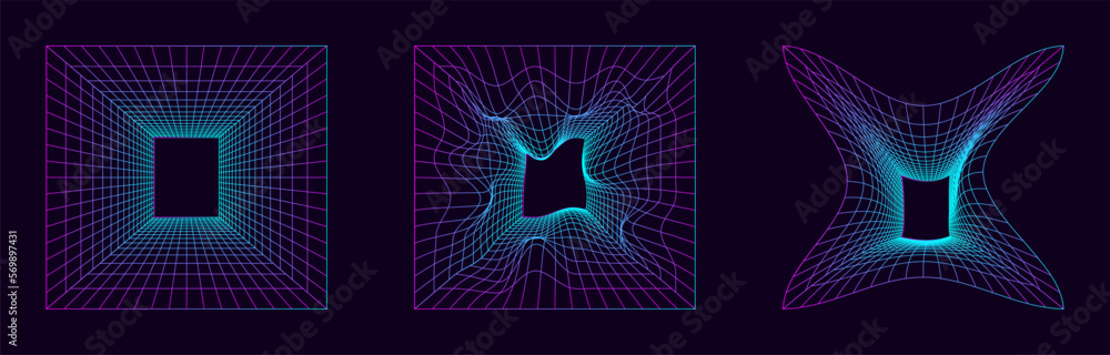 Rave psychedelic retro futuristic set. Surreal geometric shapes, abstract backgrounds gradient ...