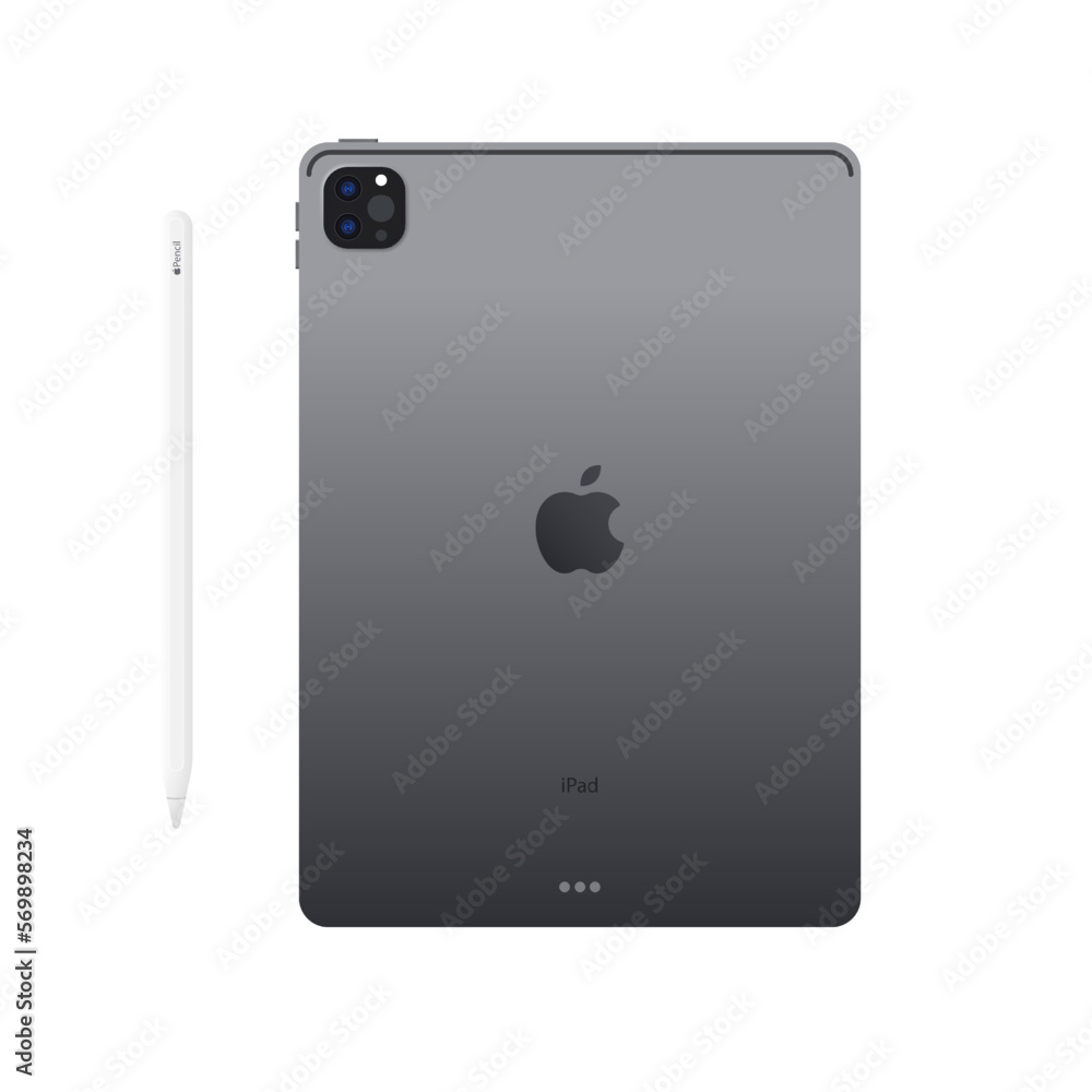 Vetor de Apple iPad, apple pencil. Ipad Pro 2021. Screen ipad and back side. Realistic modern ...