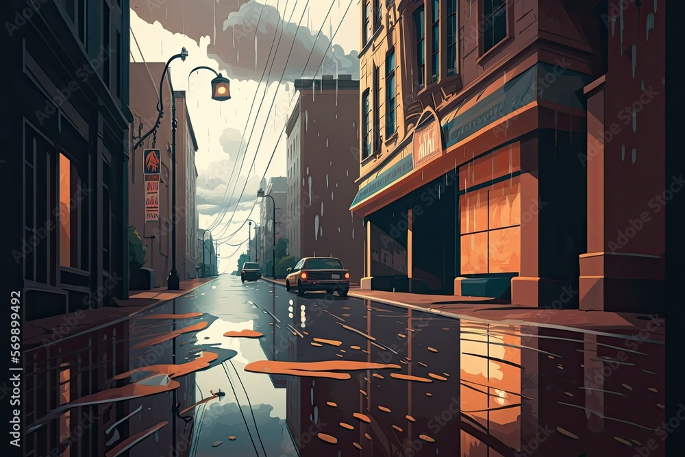 Outdoor street in rain, pavement in puddles, sky with clouds , ai ...