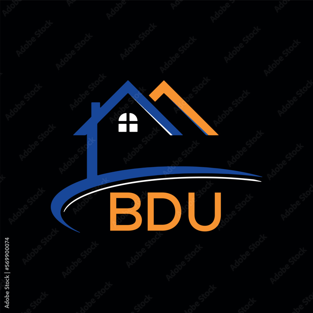 BDU house logo, letter logo. BDU blue image on black background and ...