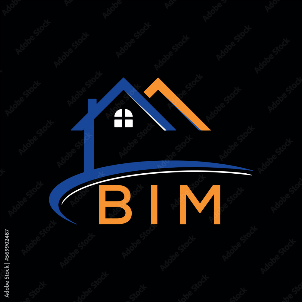 BIM house logo, letter logo. BIM blue image on black background and ...