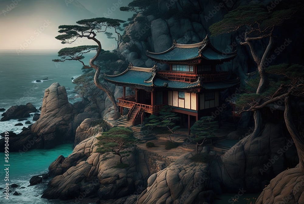 ancient Asian style building on rock cliff, idea for Asian background ...