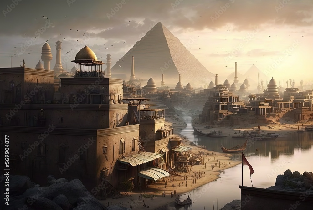 Ancient Egypt desert landscape with pyramid and architecture with high ...