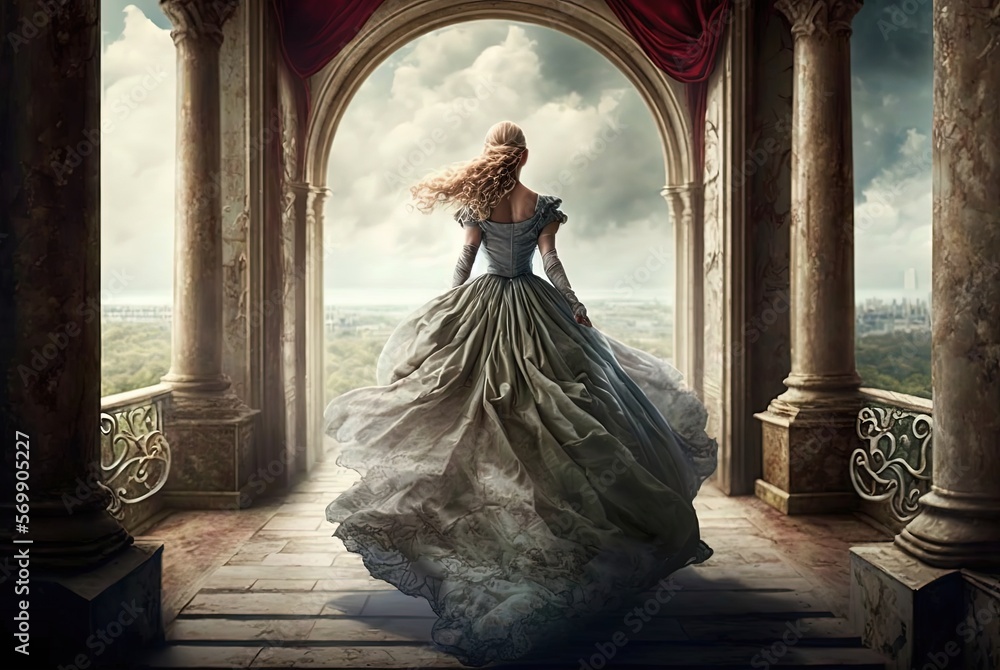 beautiful princess walking on star to outdoor pavilion, fairytale theme ...