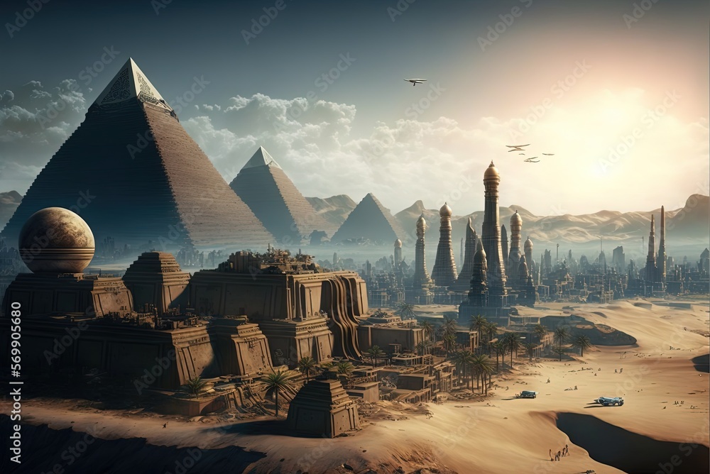 Ancient Egypt desert landscape with pyramid and architecture with high ...