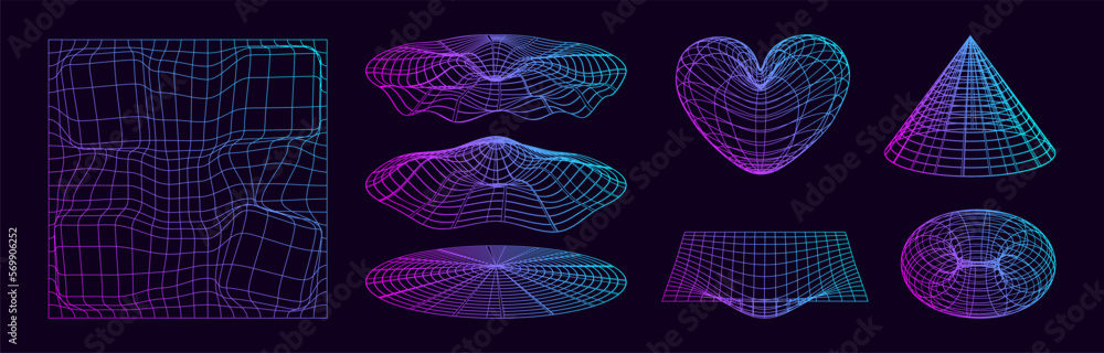 Rave psychedelic retro futuristic set. Surreal geometric shapes ...