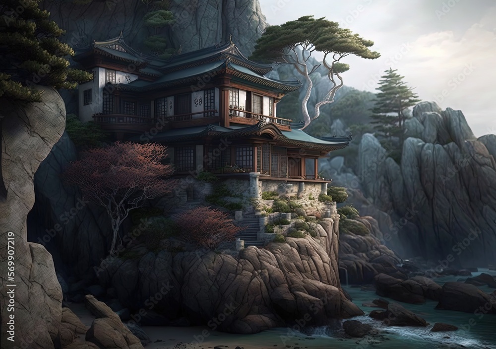ancient Asian style building on rock cliff, idea for Asian background ...