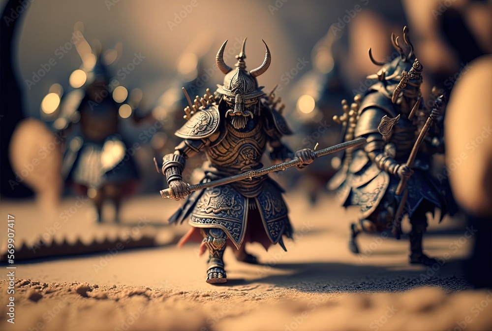 cute miniature character design of ancient Asian warrior with lance in ...