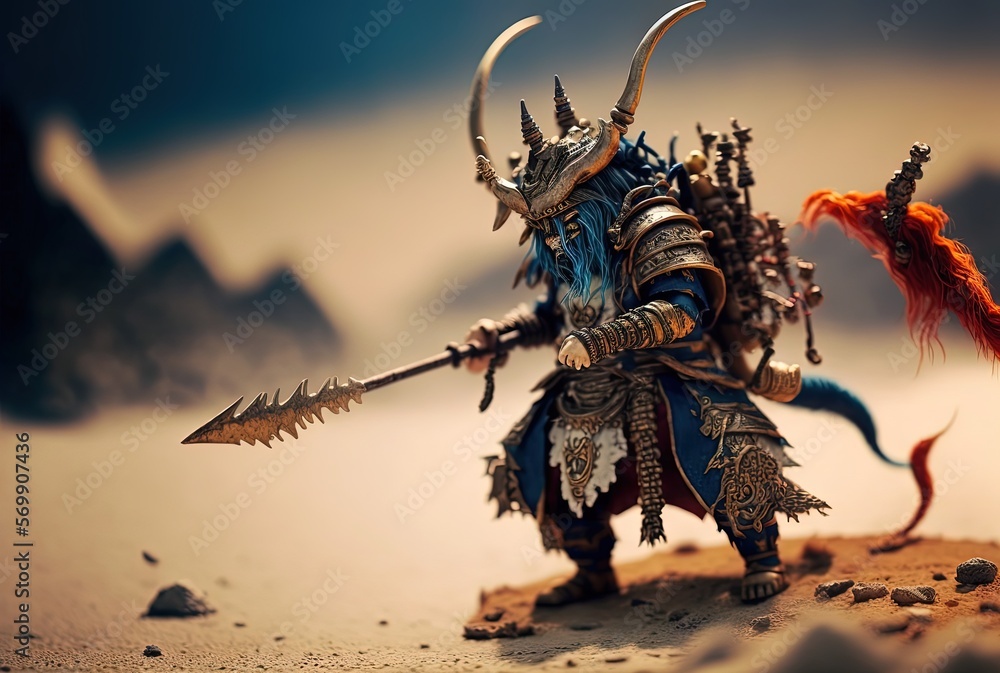 cute miniature character design of ancient Asian warrior with lance in ...