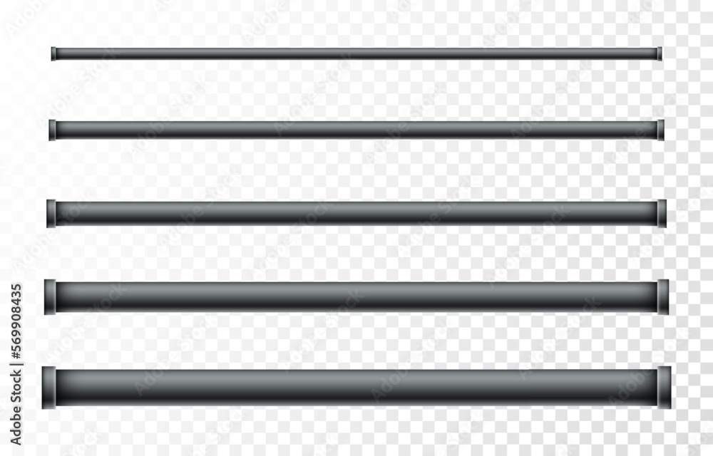 Black metal pipes with different diameters set on transparent ...