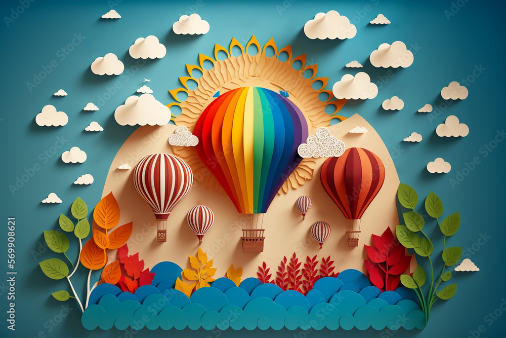 Creative paper art of sun, clouds and rainbow colored hot air balloons. Spring scenery, summer ...