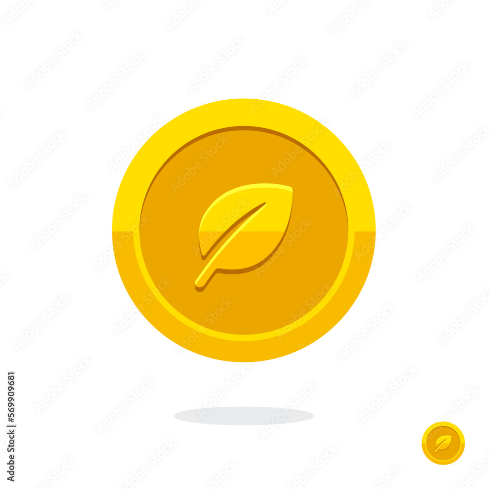 Gold game coin. Gold coin with leaf. Coin icon. Money symbol. Treasure ...