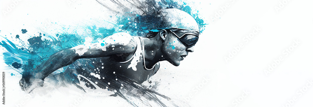 Swimming Sport Woman Swimmer Blue Splash Horizontal Banner On White
