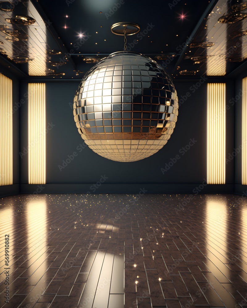 Mirrorball on an empty dance floor, ball room disco ball, generative AI Stock Illustration ...