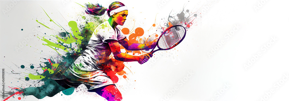Tennis sport woman player colorful splash horizontal banner on white ...