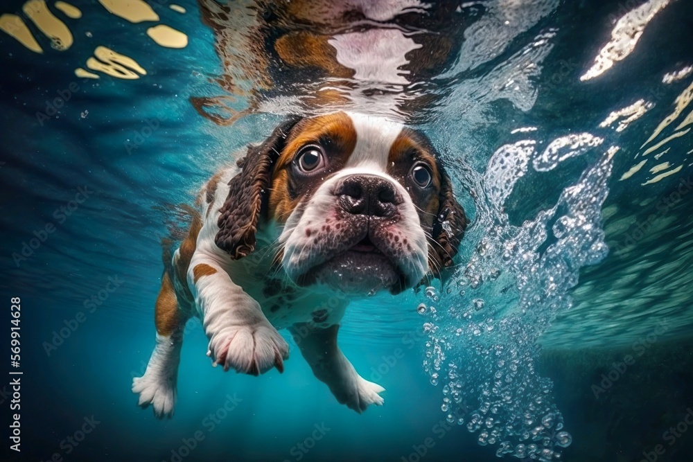 Underwater funny photo of Dog puppy in swimming pool play with fun ...