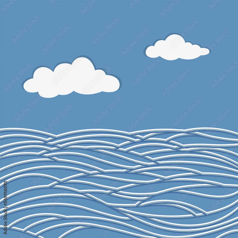 Sea water surface wave design. Ocean and clouds cartoon vector ...