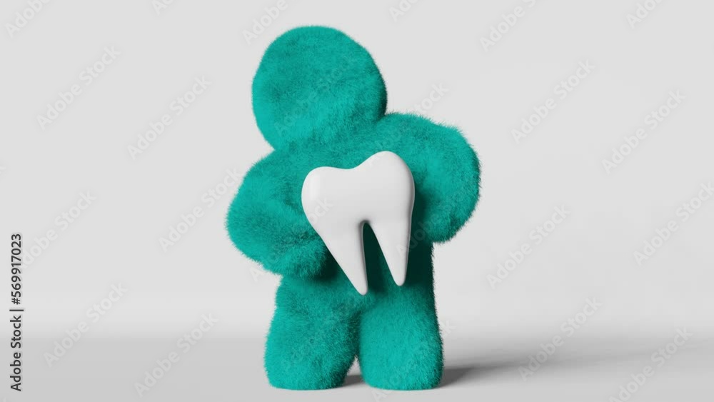 Cute turquoise furry Yeti holds white healthy molar tooth 3D animation ...