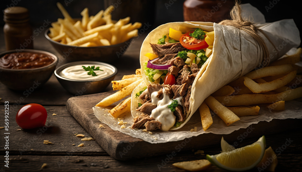 Shawarma With Fries. Filled shawarma with meat and sauce, stock Stock ...