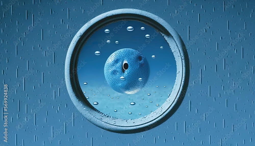 a blue wall with a round window and a face in the middle of it with ...