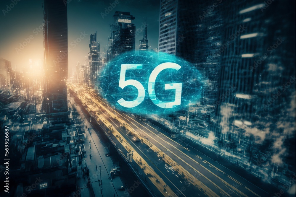 AI generated illuminated hologram with neon lights of 5G mobile network ...