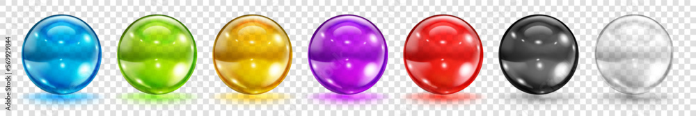 Set of bright translucent colored spheres with glares and shadows on ...