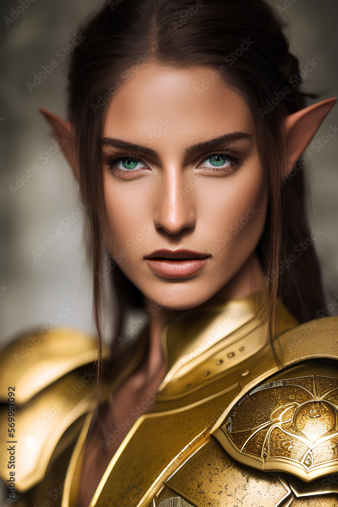 Portrait of a beautiful young female elf warrior posing with golden ...