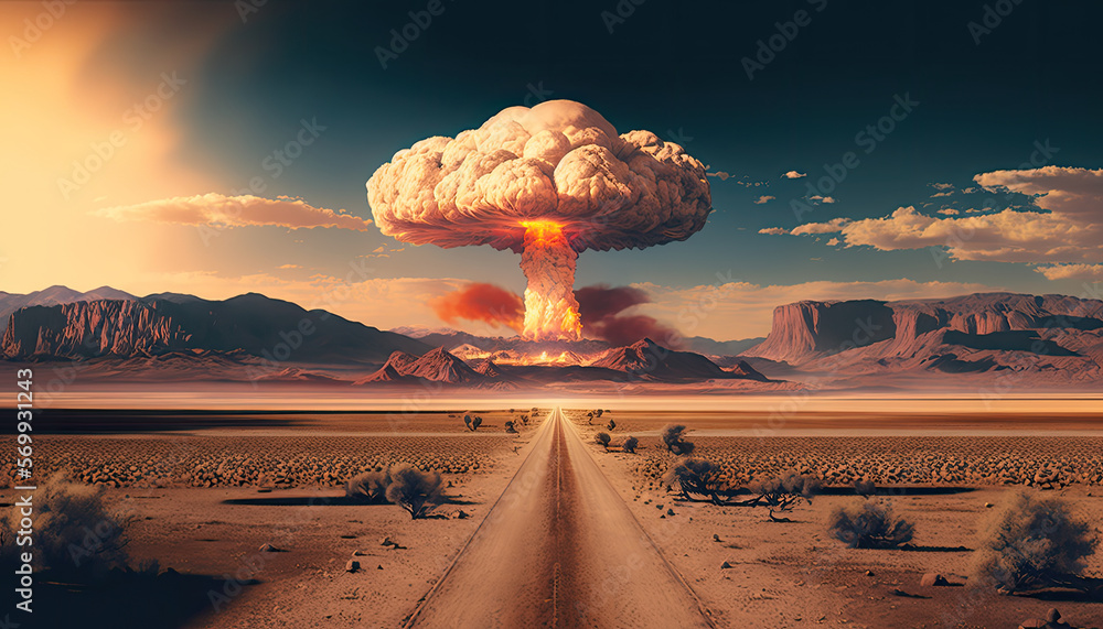 Generative AI illustration of a Terrible explosion of a nuclear bomb ...
