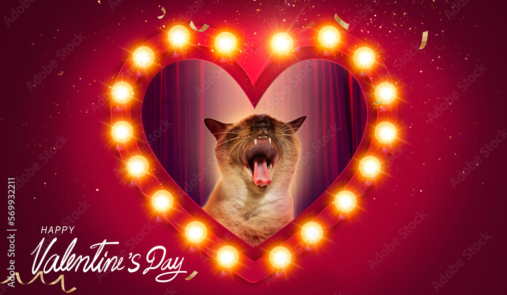 Siamese cat yawning in Heart-shaped windows decorated with incandescent ...