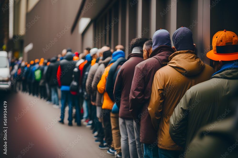 Long line of people waiting for the opening of a store, municipal or ...