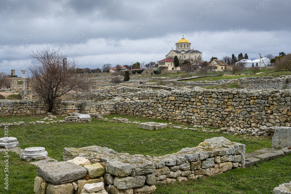 Ruins of the ancient city of Chersonese. View of a large church and ...