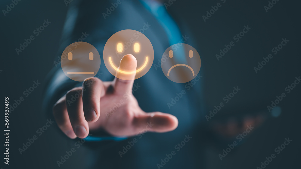 Foto de Hand touching happy smile relax face , good feedback rating ...