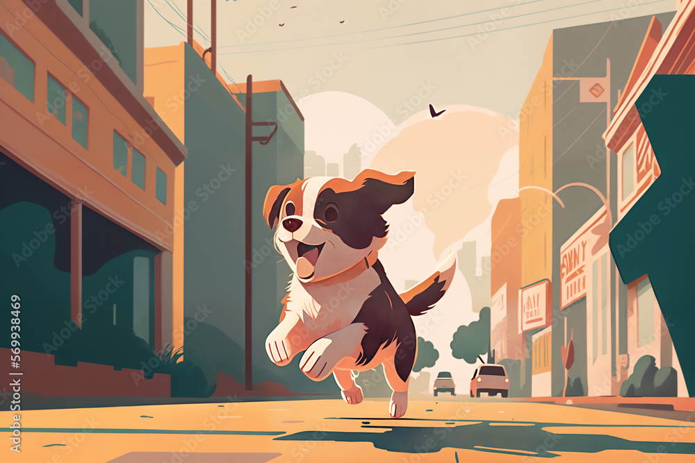 Cartoon happy puppy runs along the street, ai Stock Illustration ...