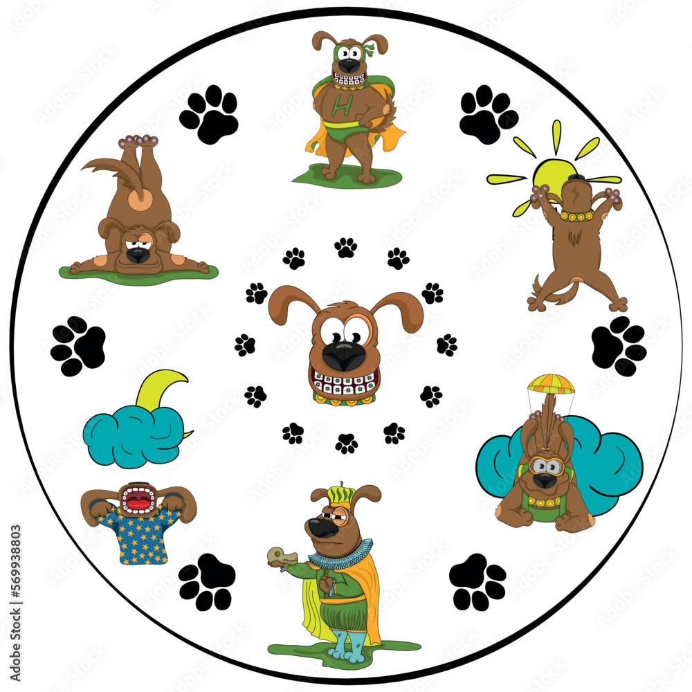 Dogs clock face background. Clock with illustrations of funny dogs ...