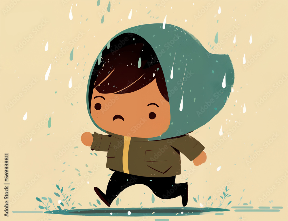 Cartoon boy running away from the rain, ai Stock Illustration | Adobe Stock