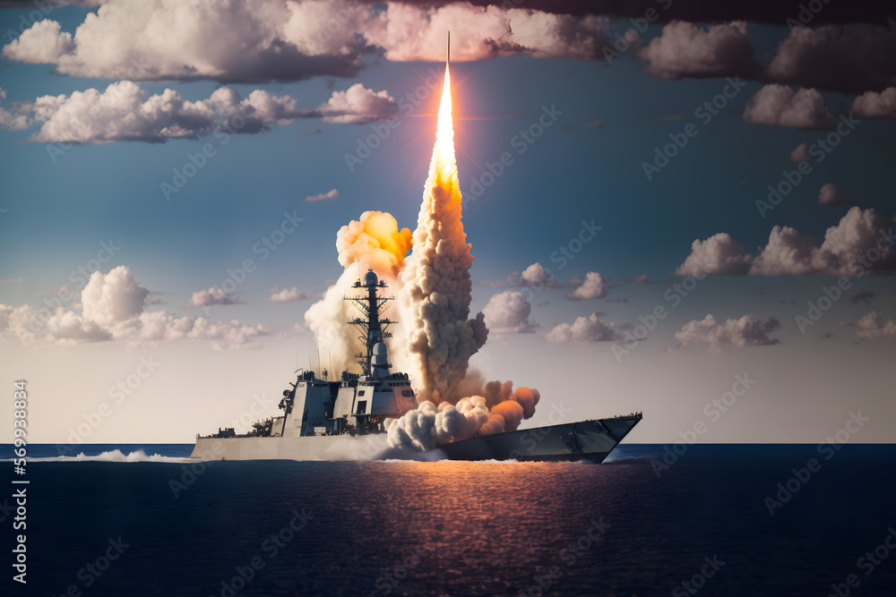 Military powerful ships in the sea release cruise missiles taking off ...