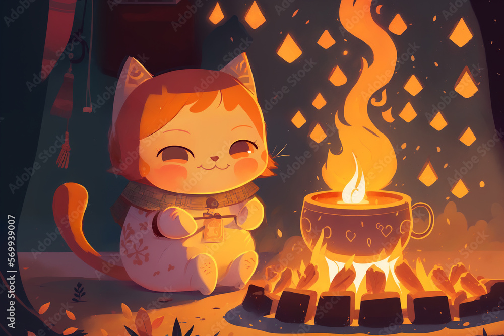 Cartoon kitty character cooking in a pot on a campfire, ai Stock ...