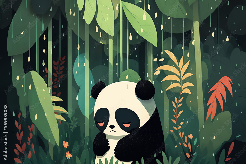 Cartoon panda is sad in the rain in the bamboo forest, ai Stock ...