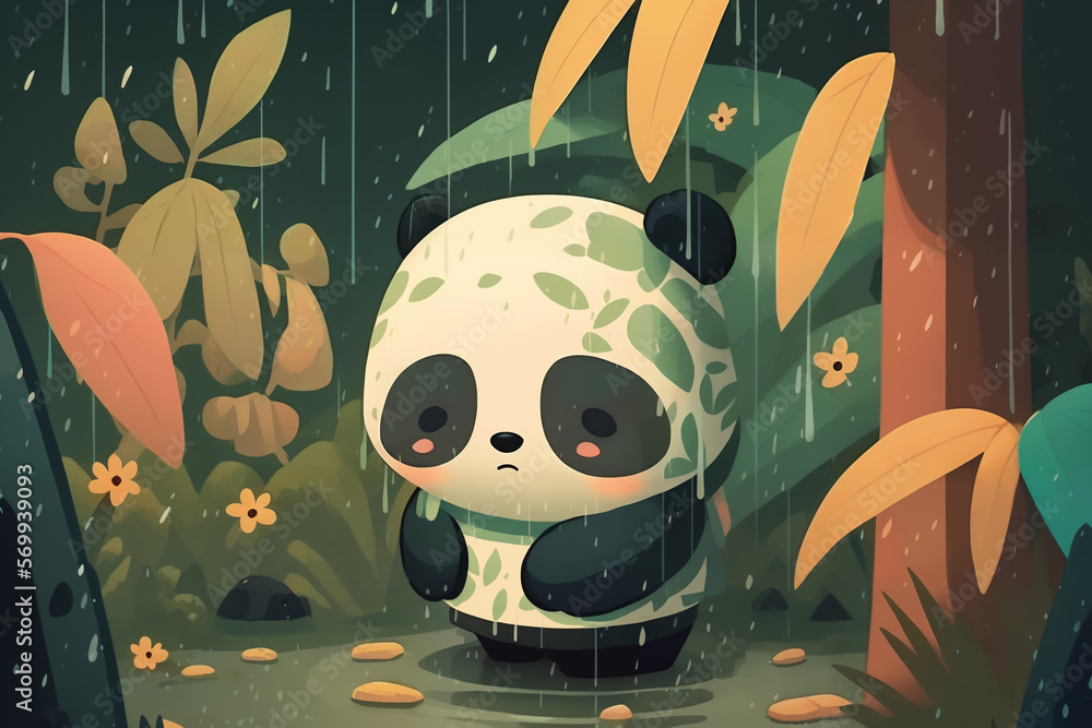 Cartoon cute panda is sad in the rain in the jungle, ai Stock ...