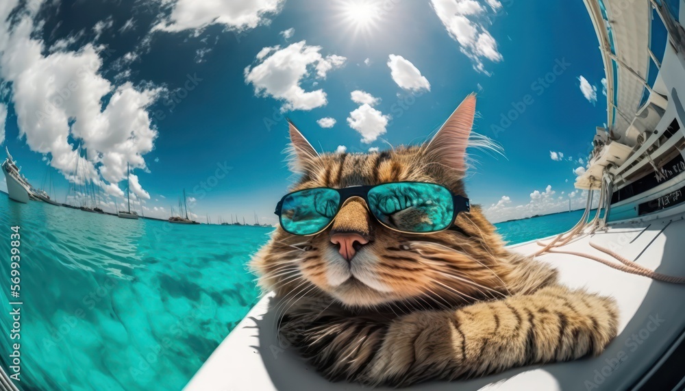 sleeping Maine Coon with sunglasses lying On the yacht. Generative AI ...