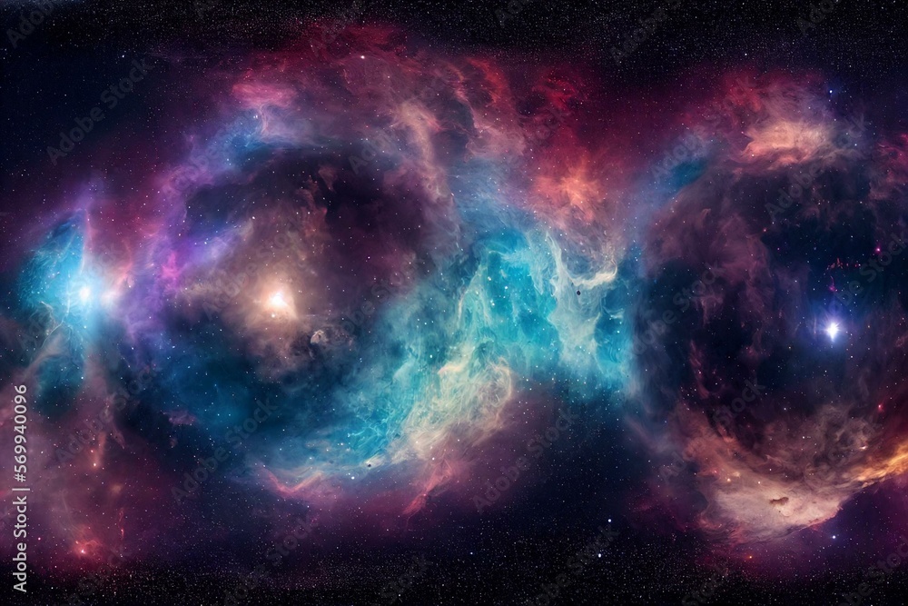 360 degree space background with glowing huge nebula with young stars ...