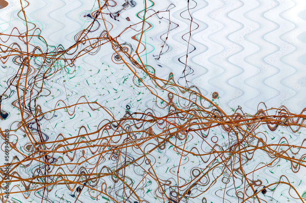 Twigs of a climbing plant on a plastic mesh at the fence with a wave ...