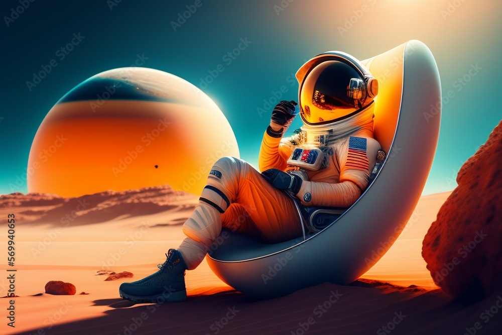 an astronaut resting on mars in a beach chair, desktop wallpaper Stock ...