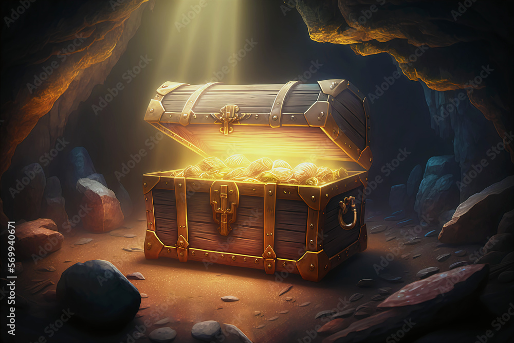 Wooden pirate chest with treasure and gold in a dark rocky grotto ...