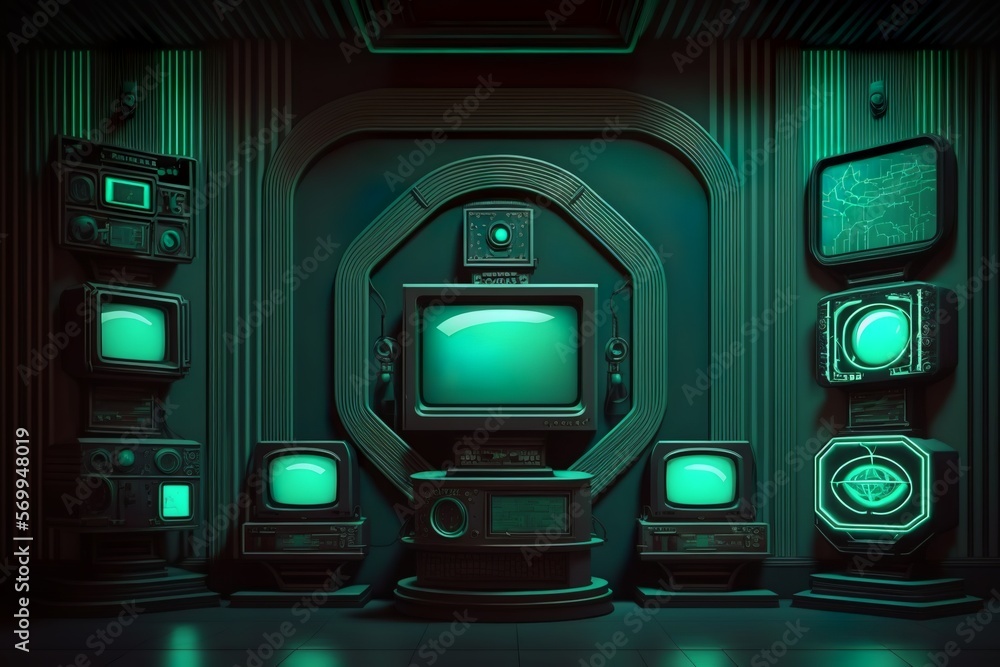 Vintage sci-fi retrofuturistic television device with wall interface ...