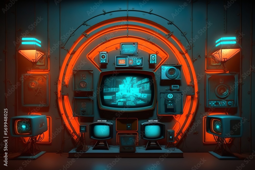 Vintage sci-fi retrofuturistic television device with wall interface ...