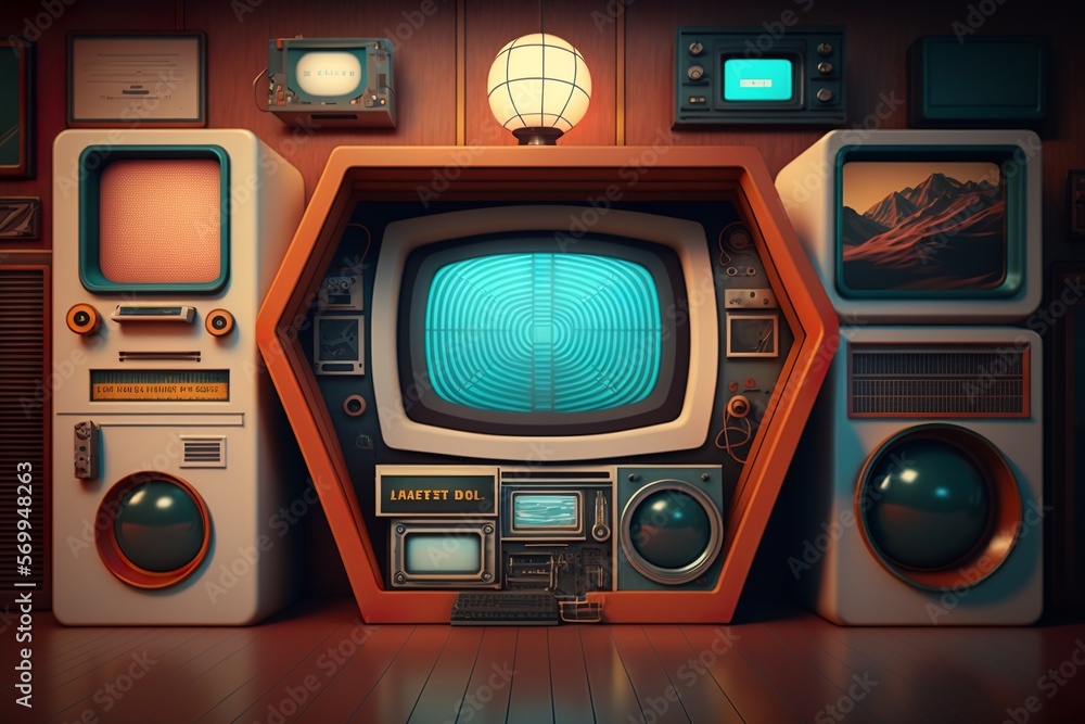 Vintage sci-fi retrofuturistic television device with wall interface ...