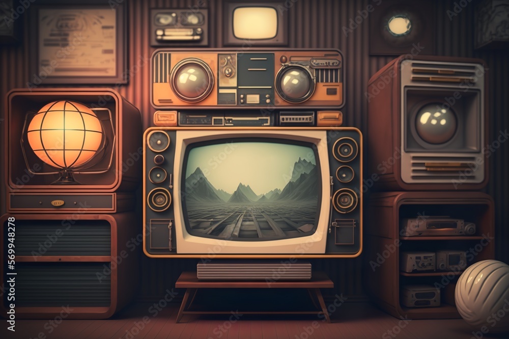 Vintage sci-fi retrofuturistic television device with wall interface ...