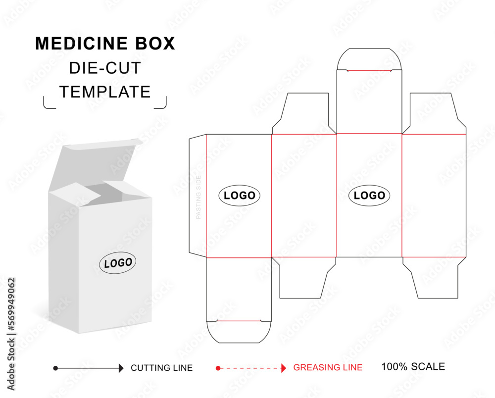 Medicine box die cut template with 3D blank vector mockup for ...
