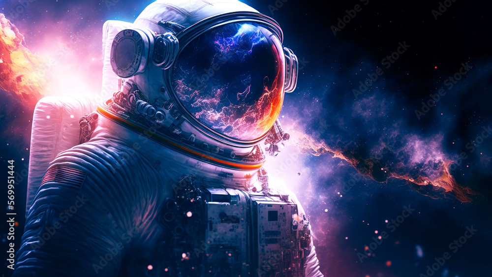 Astronaut standing in front of big space ship with planet background ...